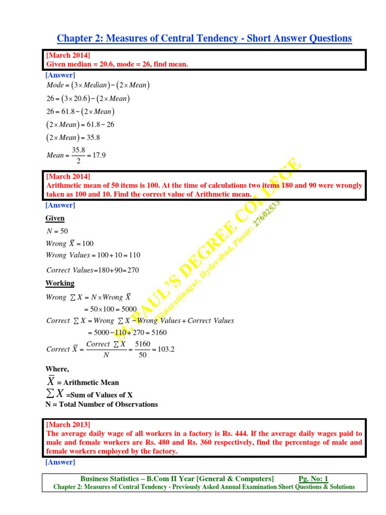 Assignment 02. Measures of Central Tendency - Short Answer Questions ...