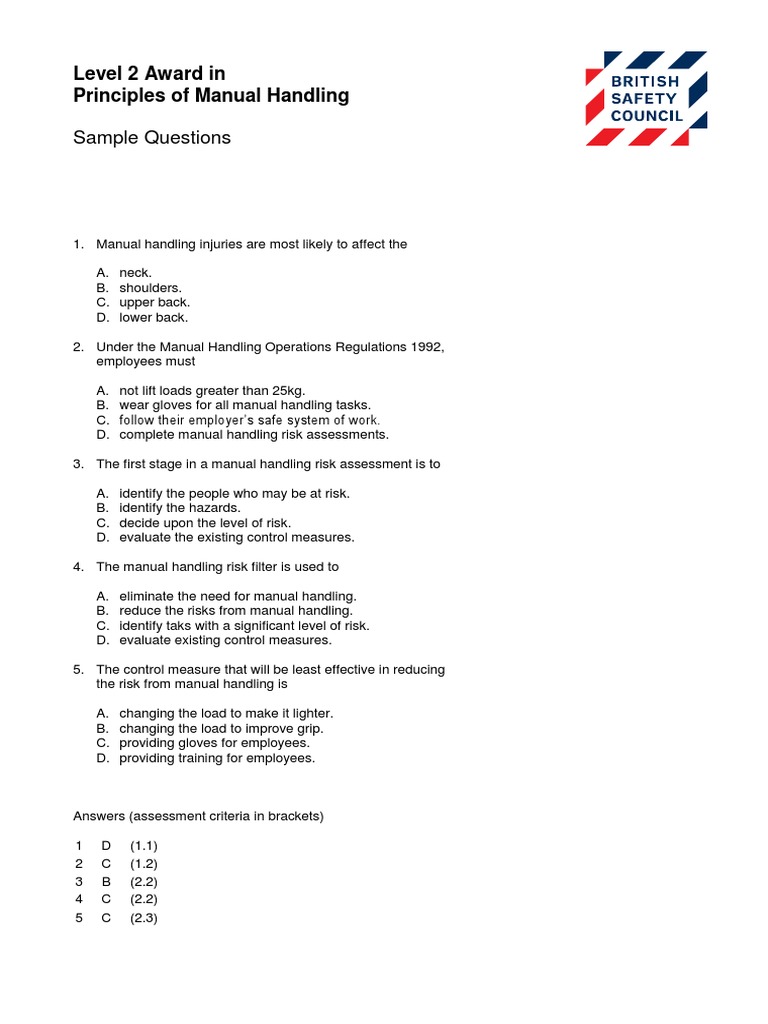 Manual Handling Level 2 Quiz Questions | PDF