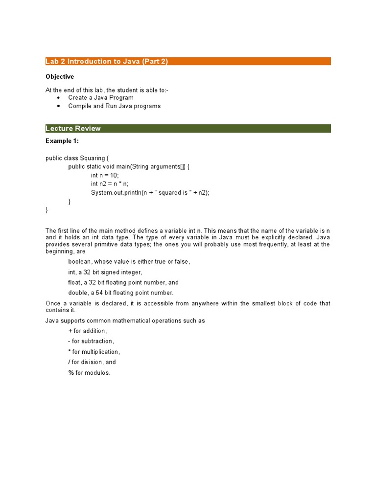 Lab 2 Introduction To Java Part 2 Pdf Integer Computer Science 8807