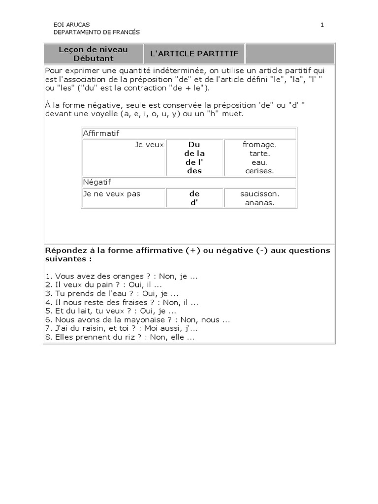Grammaire Les Articles Partitifs PDF | PDF | Nourriture et boisson ...