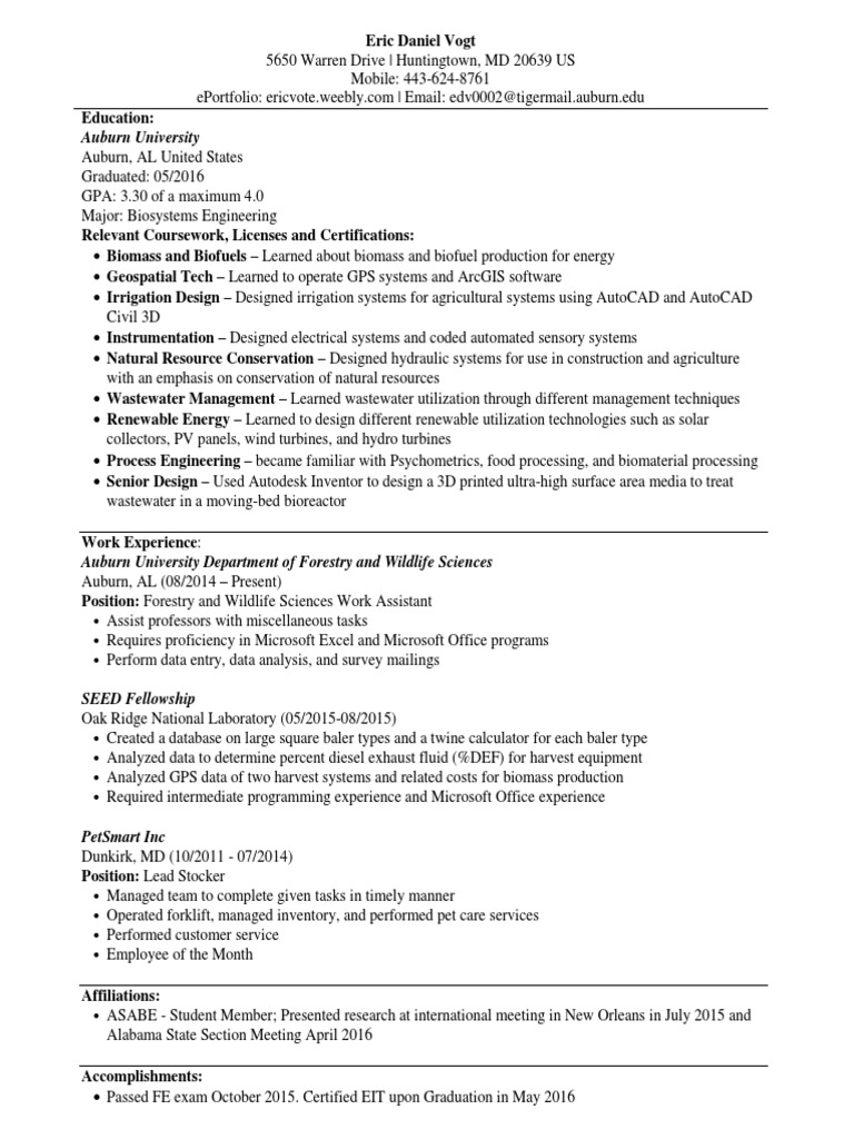 Eric Vogt's Biosystems Engineering Resume | PDF | Technology & Engineering