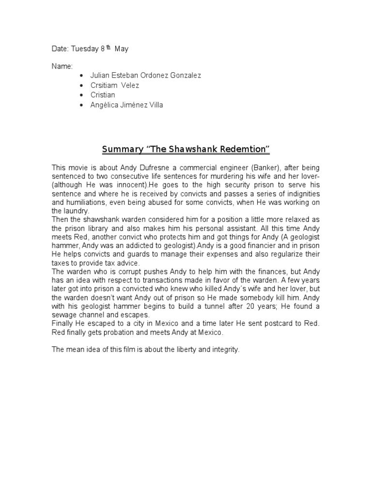 Summary "The Shawshank Redemtion": Julian Esteban Ordonez Gonzalez ...