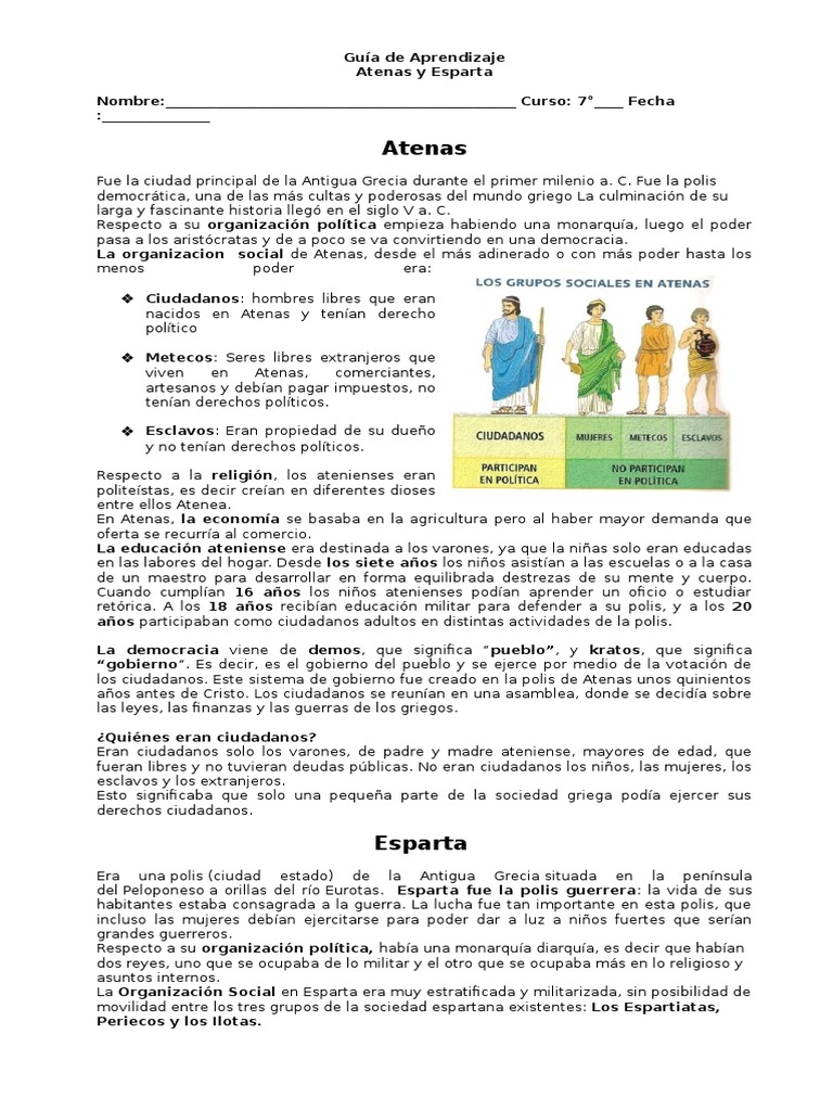Guía de Aprendizaje Atenas y Esparta | Descargar gratis PDF | Esparta | Antigua Grecia
