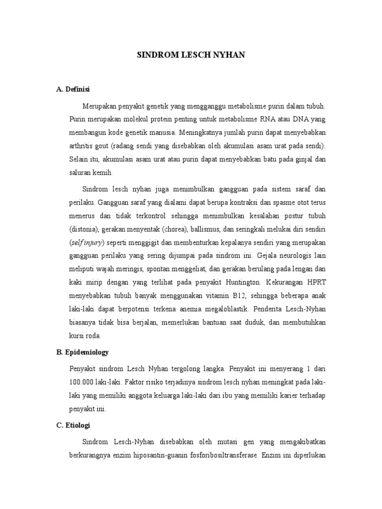 Sindrom Lesch-Nyhan: Penyebab, Gejala, dan Penanganan | PDF