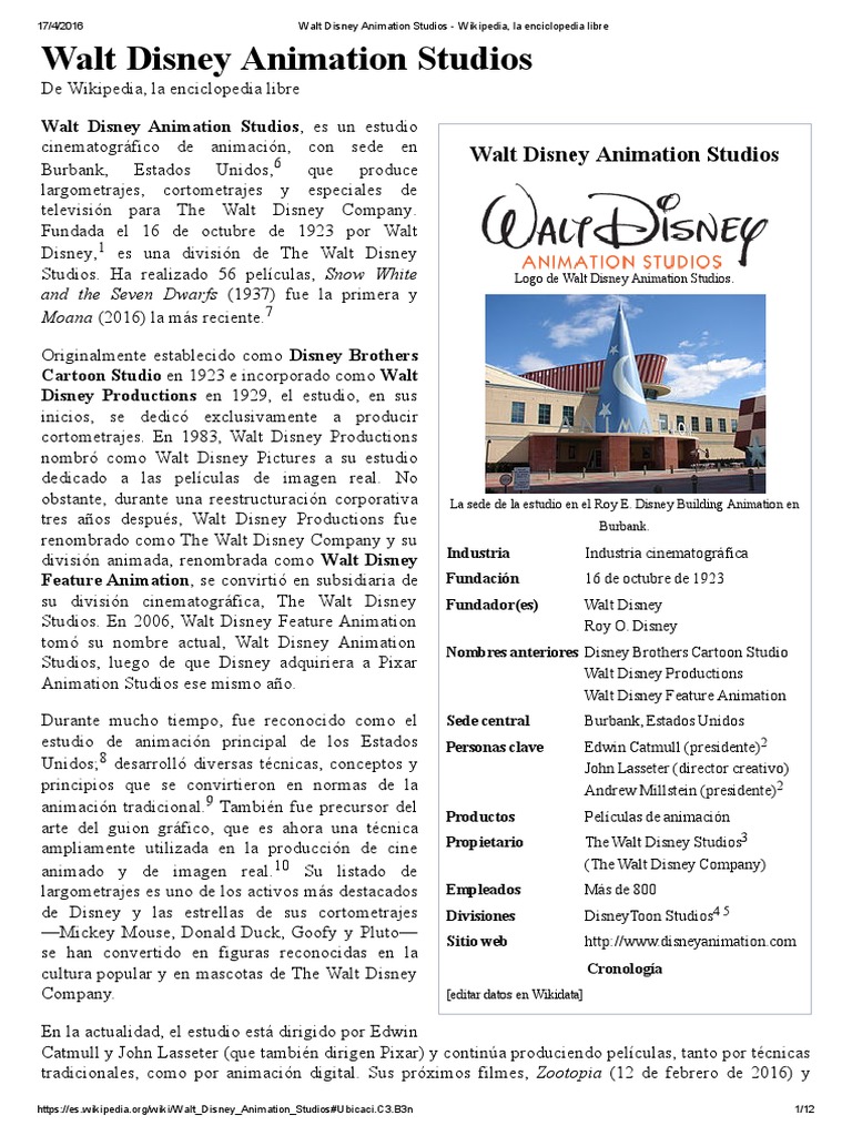 Walt Disney Animation Studios - Wikipedia, La Enciclopedia Libre | PDF ...