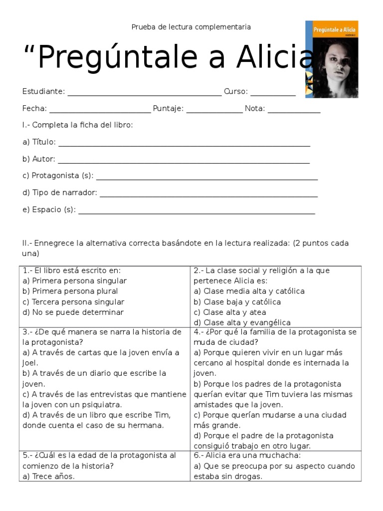 Prueba de Lectura Complementaria - Pregúntale A Alicia | PDF ...