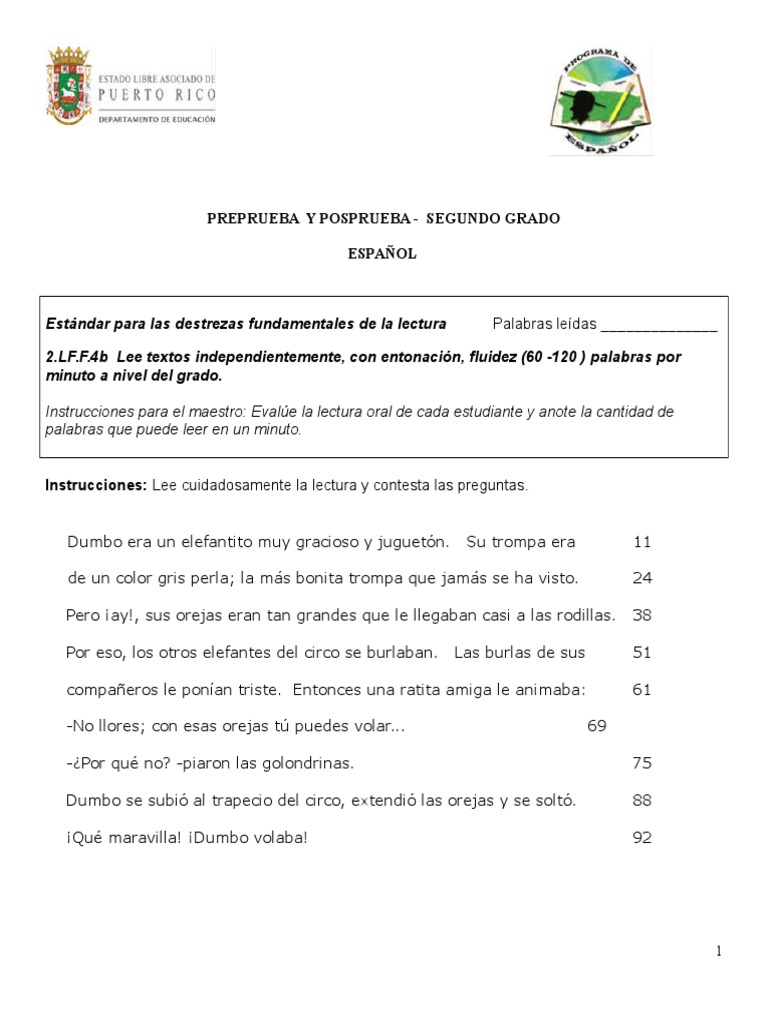 Pre y Post Prueba de Español 2° Grado | PDF | Lectura (proceso)