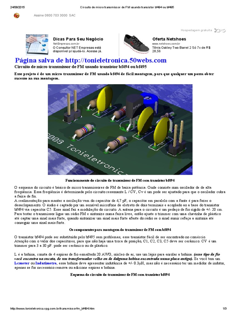 Circuito de Micro Transmissor de FM Usando Transistor Bf494 Ou Bf495 | PDF | Indutor | Rede elétrica