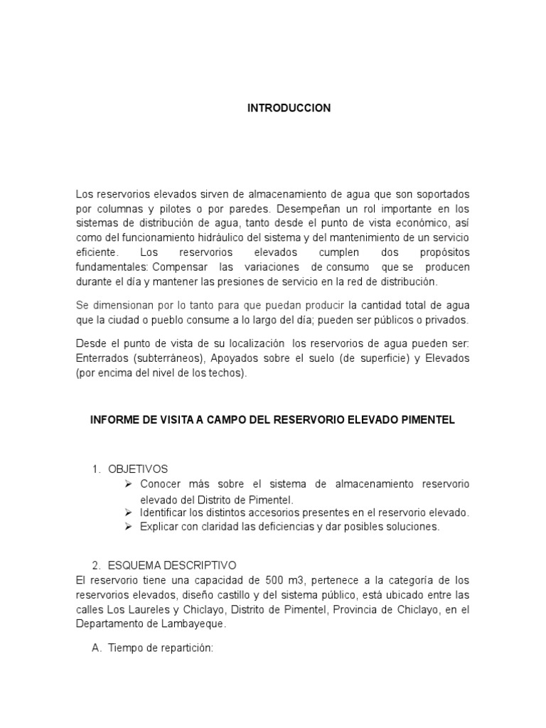 Trabajo de Reservorio Elevado | PDF | Reservorio | Tubería (transporte de fluidos)
