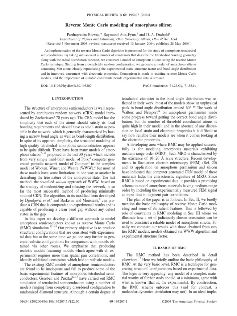 Reverse Monte Carlo Modeling of Amorphous Silicon | PDF | Chemical Bond ...