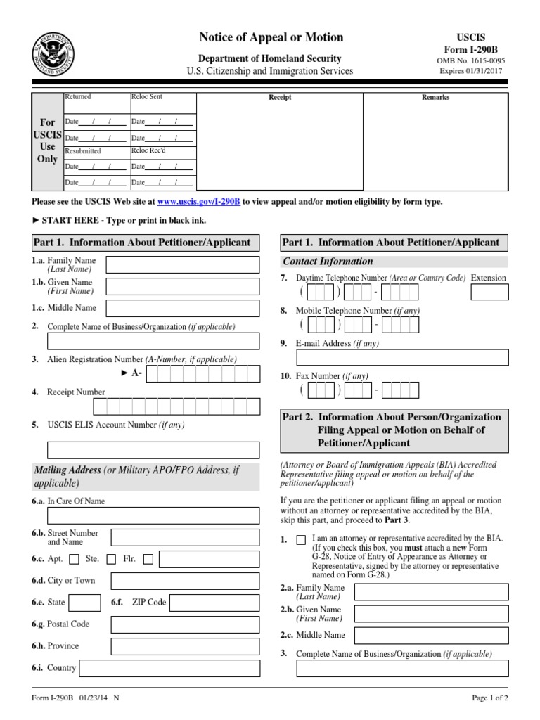 Notice of Appeal or Motion Filing for USCIS Form I-290B | PDF ...