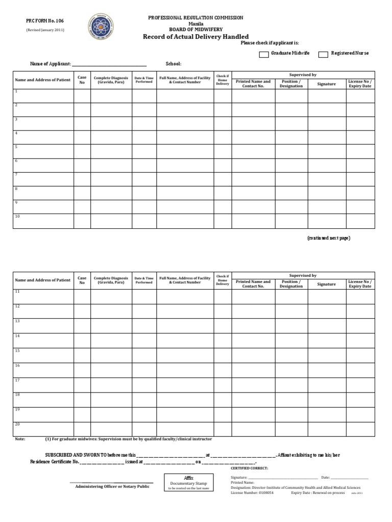 Prc Midwifery Forms | Midwife | Midwifery