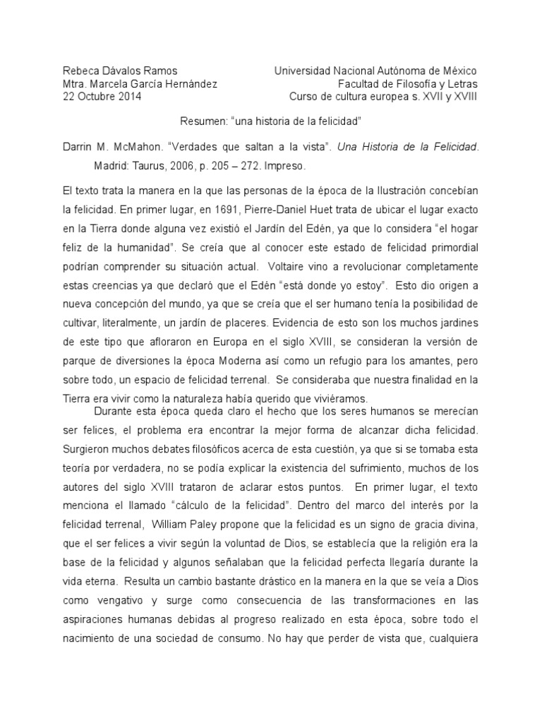 Historia de La Felicidad | PDF | Felicidad | Jean-Jacques Rousseau