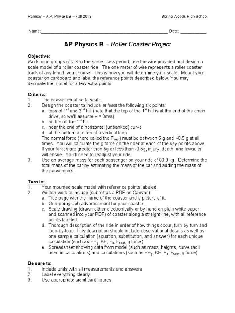 Roller Coaster Projects | PDF | Mass | Spreadsheet