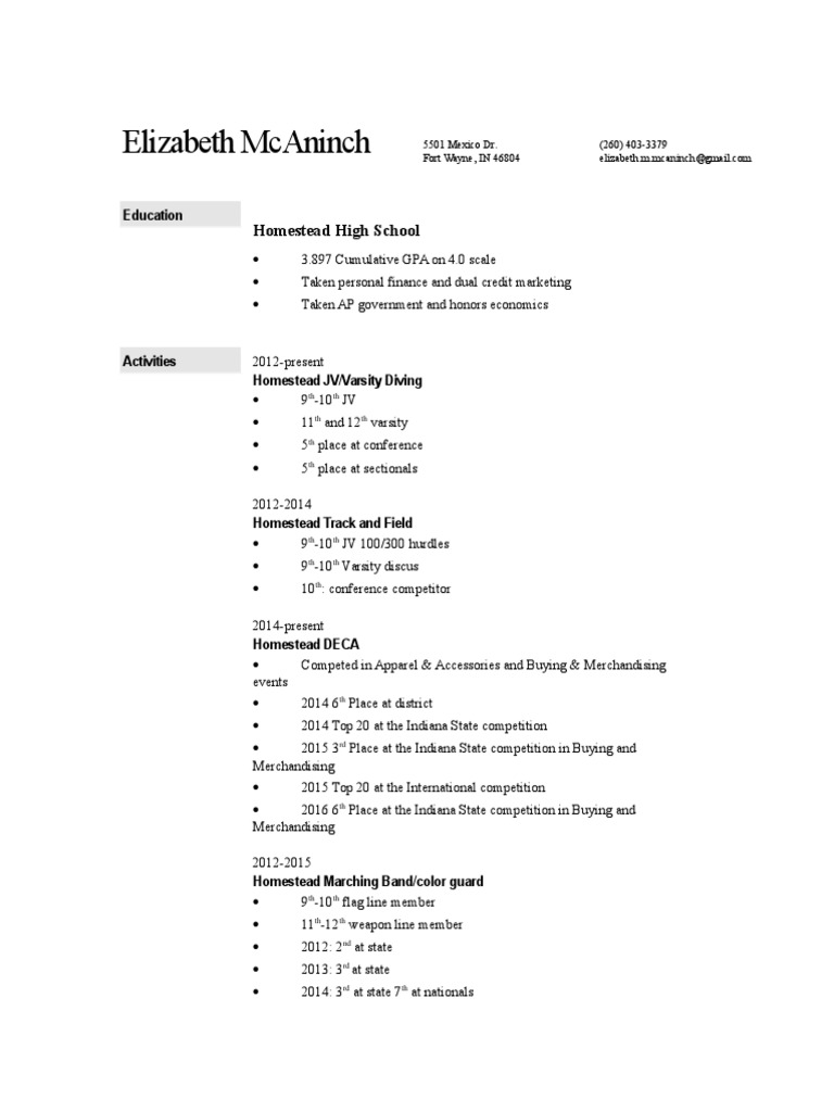 Elizabeth Mcaninch Resume | PDF | Sports & Recreation