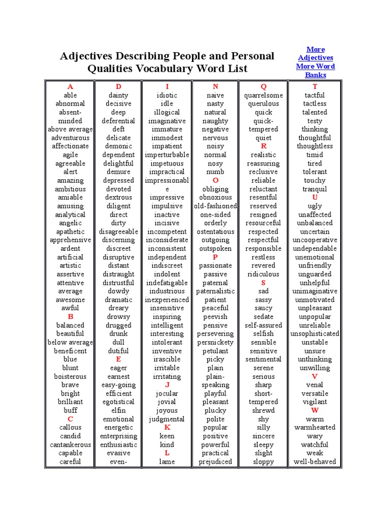 Adjectives Describing People and Personal Qualities Vocabulary Word ...