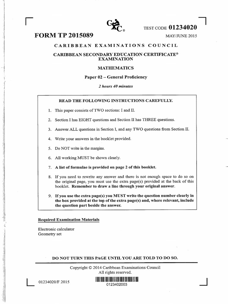 CSEC Maths Past Paper 2 2015 | PDF