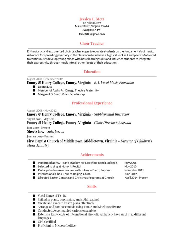 Choir Teacher Resume for Jessica Metz | PDF | Art
