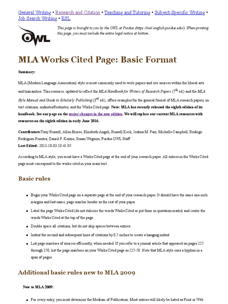 Purdue Owl Mla Formatting and Style Guide | PDF | Citation | Human ...