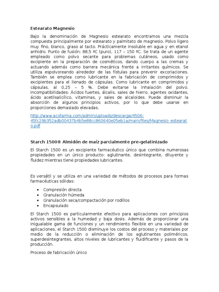 Excipiente | PDF | Tableta (Farmacia) | Medicamentos con receta