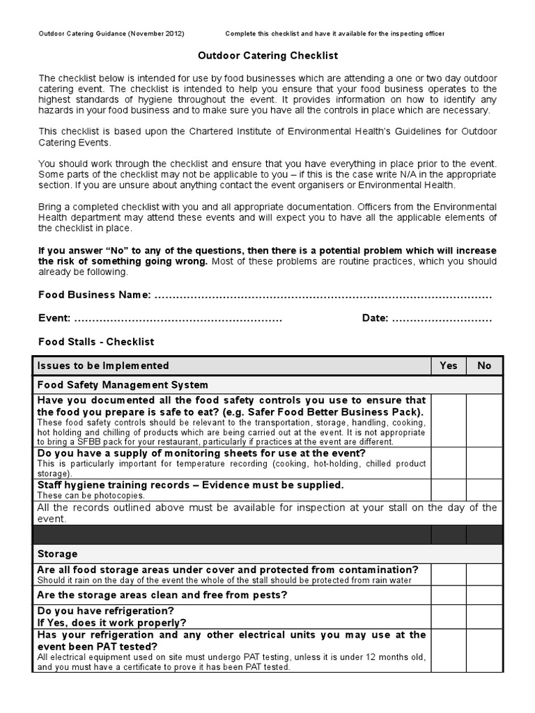 Outdoor Catering Event Checklist | PDF | Refrigerator | Food Safety