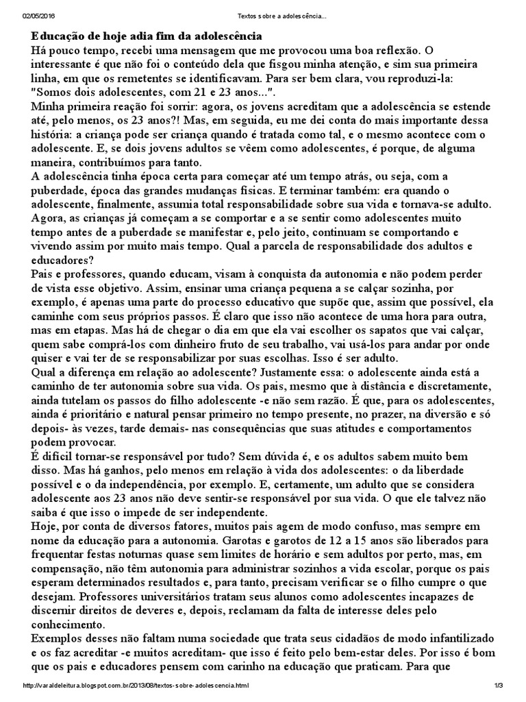 Textos Sobre A Adolescência PDF | Download grátis PDF | Adolescência ...