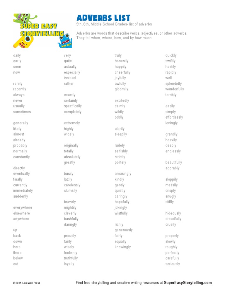 Adverbs List for Creative Writing | PDF | Language Arts & Discipline ...