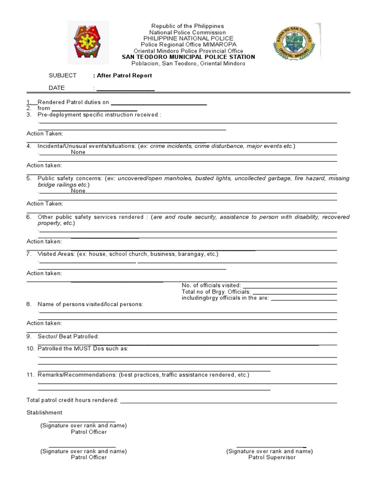 After Patrol Report Template | PDF | Police | Public Sphere