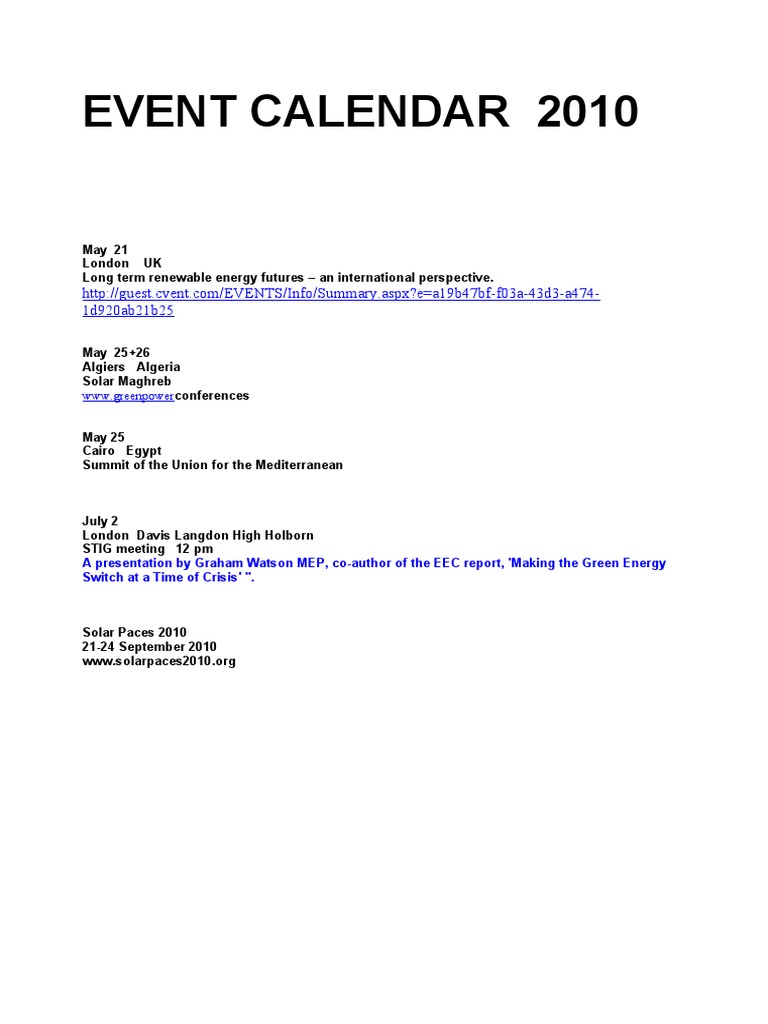 2010 Renewable Energy Events Calendar | PDF