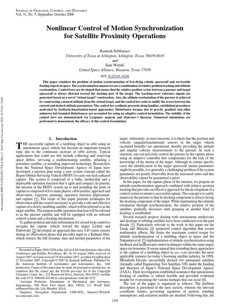 Nonlinear Control of Motion Synchronization For Satellite Proximity ...