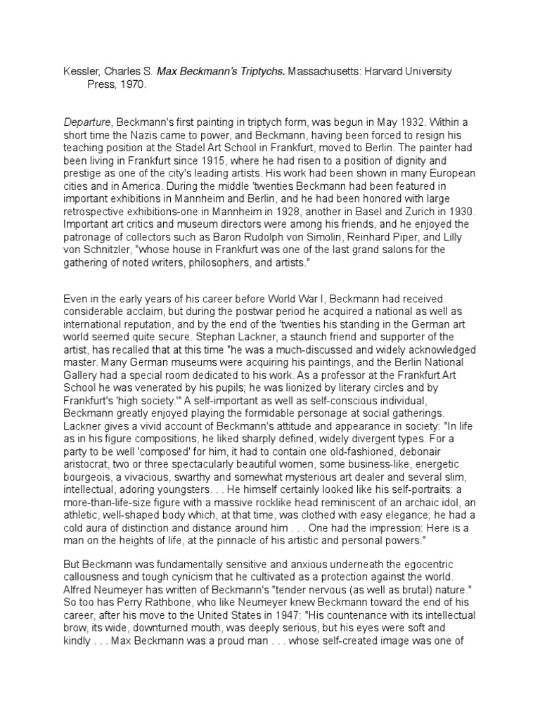 Departure, Beckmann's First Painting in Triptych Form, Was Begun in May ...