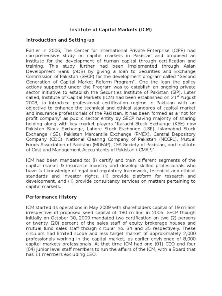 Institute of Capital Markets (ICM) Introduction and Setting-Up | PDF ...