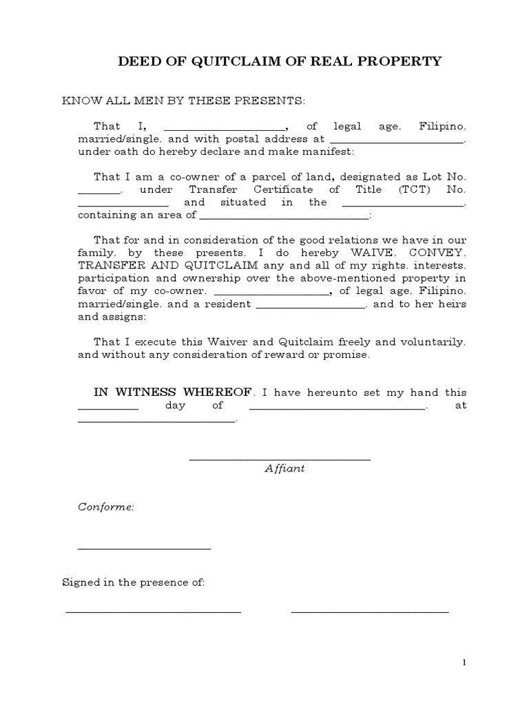 Deed of Quitclaim of Real Property. Format | PDF | Deed | Notary Public
