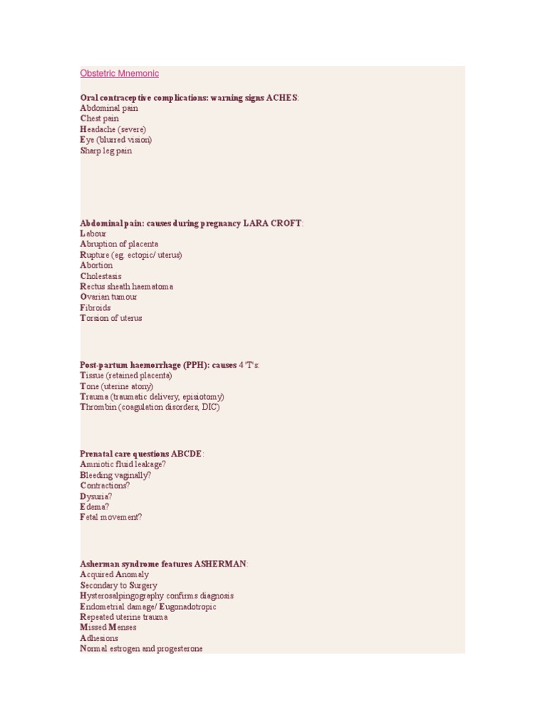 Obstetric Mnemonic | PDF | Childbirth | Menstrual Cycle