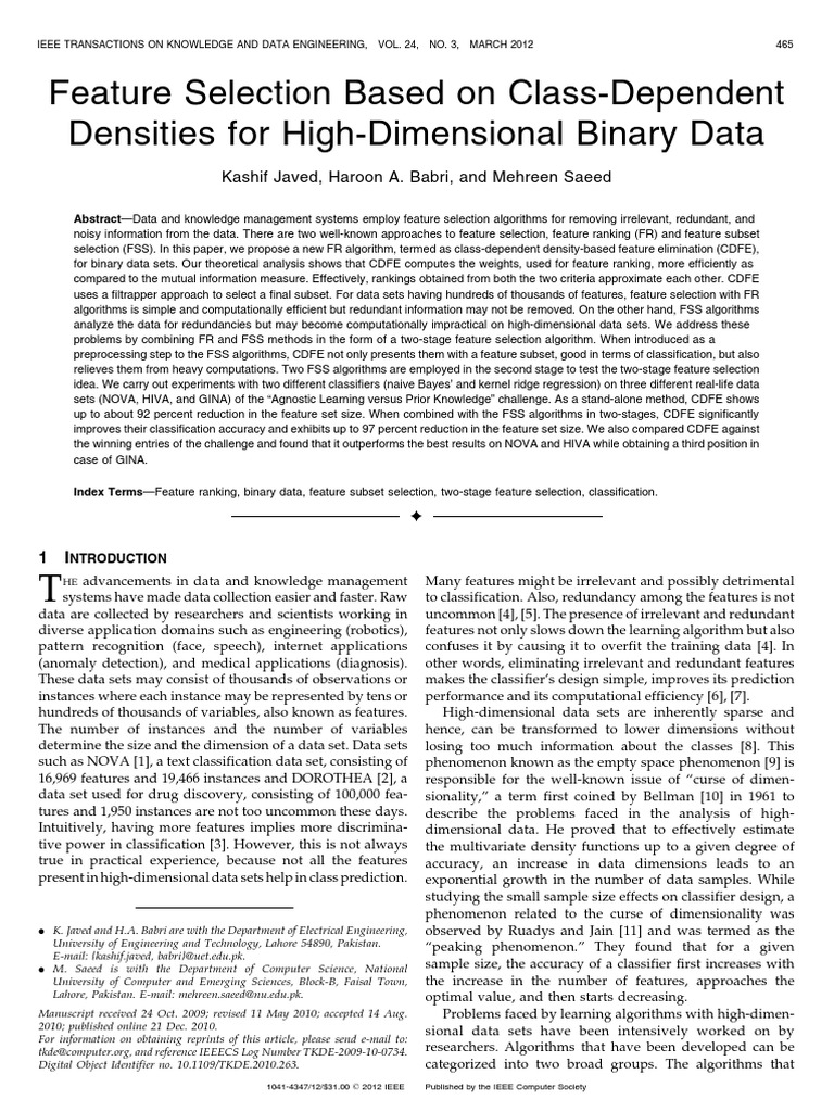Feature Selection Based On Class-Dependent Densities For High-Dimensional Binary Data | PDF ...