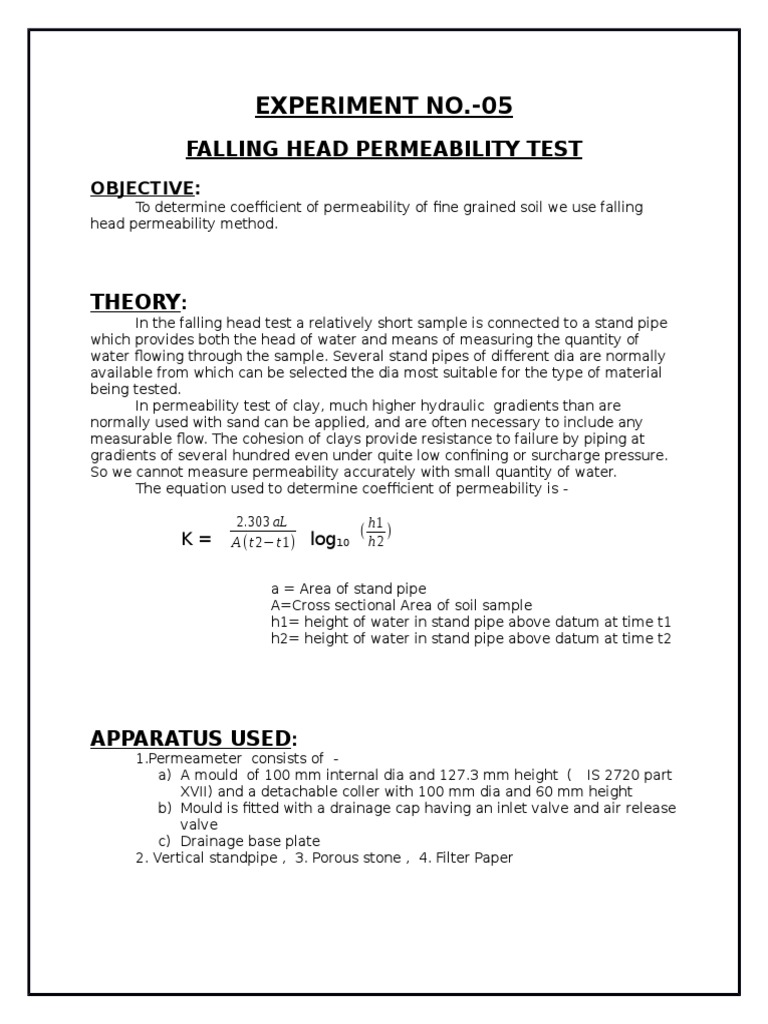 Determination of Permeability of Soil by Falling Head Method | PDF ...