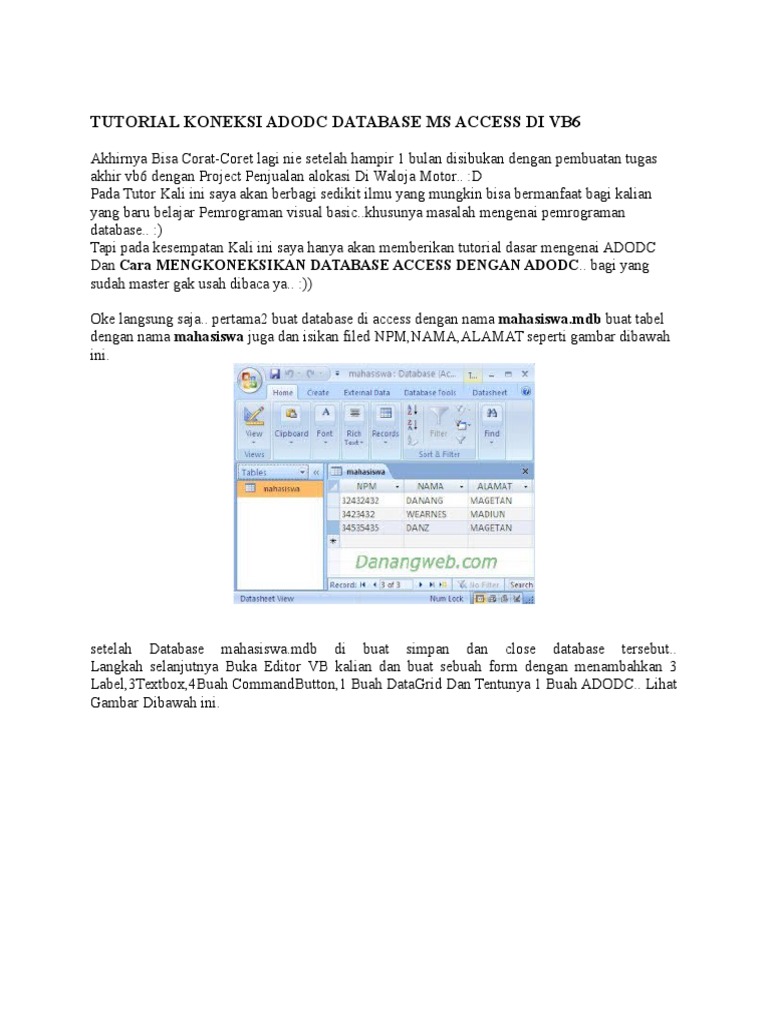 Tutorial Koneksi Adodc Database Ms Access Di Vb6 | PDF