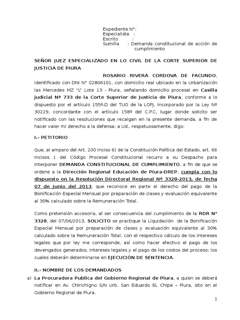Demanda, Accion de Cumplimiento, Caso Rosario Rivera Cordova de Facundo Vs Drep | PDF | Demanda ...
