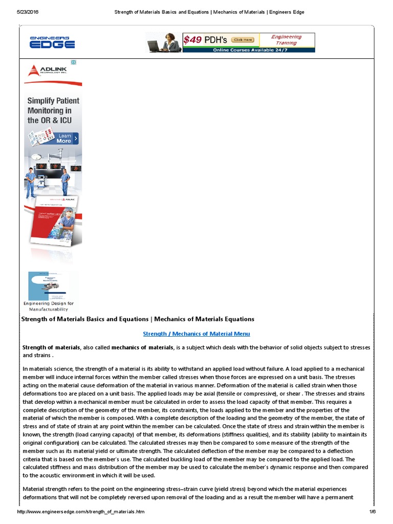 Strength of Materials Basics and Equations - Mechanics of Materials ...
