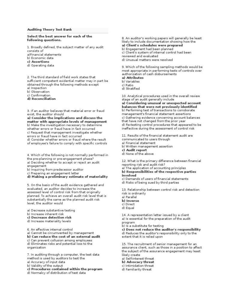 Auditing Theory Test Bank Questions | PDF | Going Concern | Financial Audit