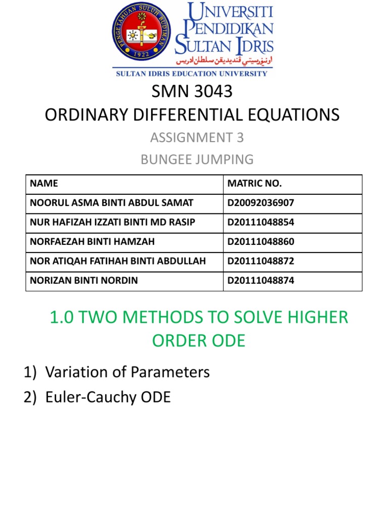 SMN 3043 Ordinary Differential Equations: Assignment 3 Bungee Jumping | PDF | Equations ...