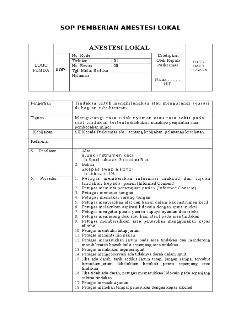 Sop Pemberian Anestesi Lokal | PDF