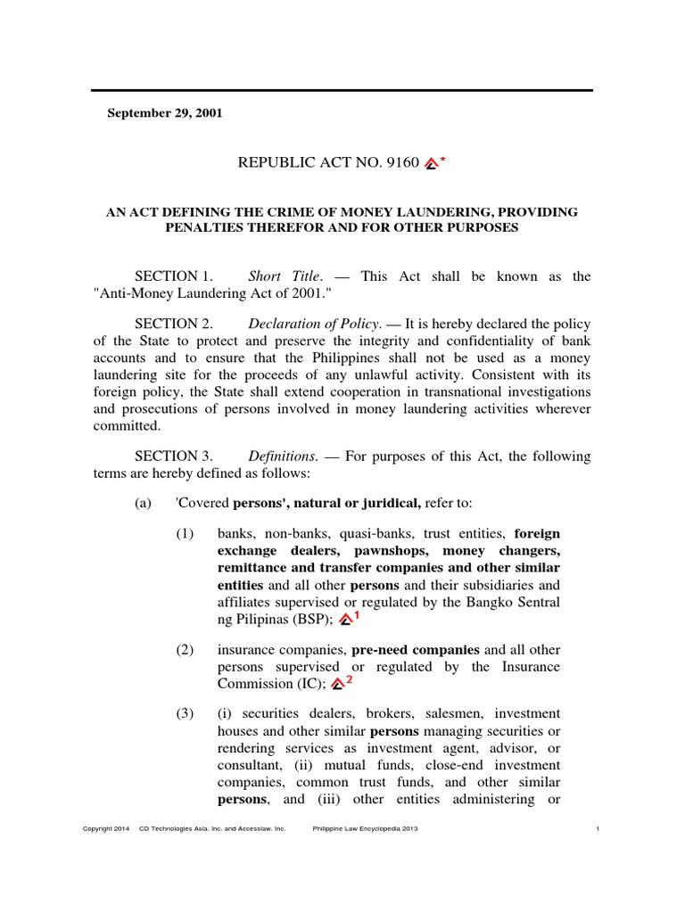Ra 9160 Amla Law | Asset Forfeiture | Money Laundering