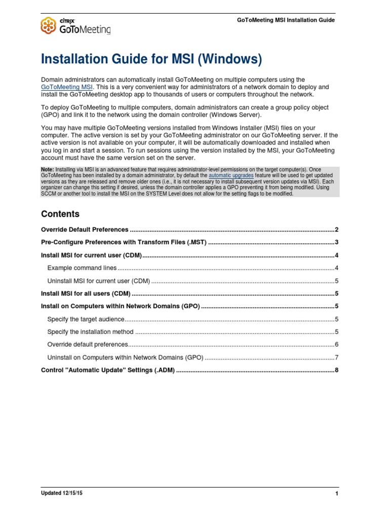 GoToMeeting MSI Installation Guide | PDF | Group Policy | Installation (Computer Programs)