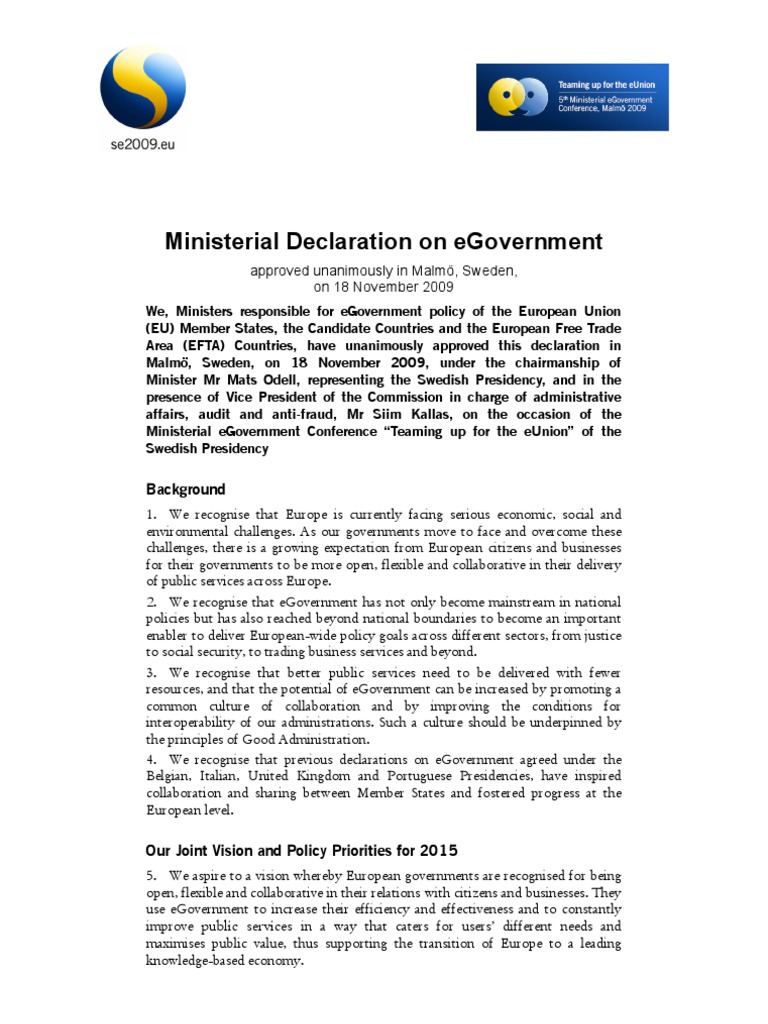 Ministerial Declaration On Egovernment - Malmö | Download Free PDF | E Government | Interoperability