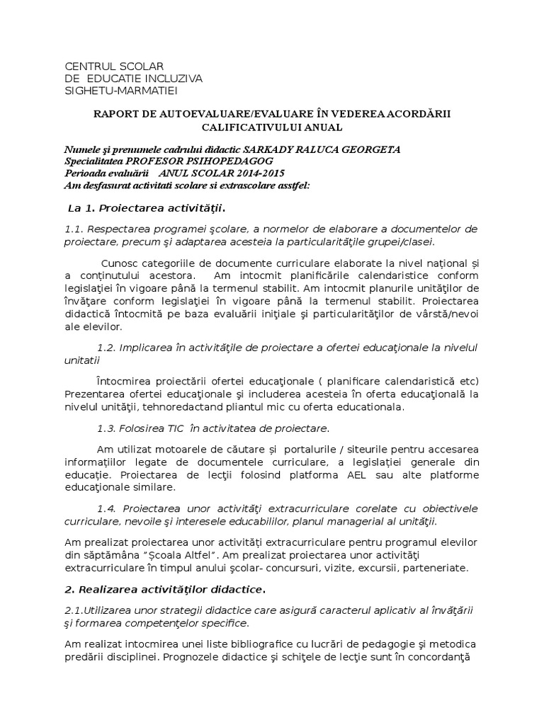 Raport de Autoevaluare Cadre Didactice | PDF