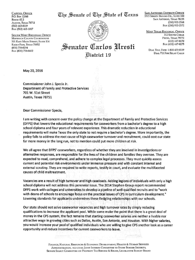 Uresti Letter to CPS Protesting Lowering of Caseworker Education ...