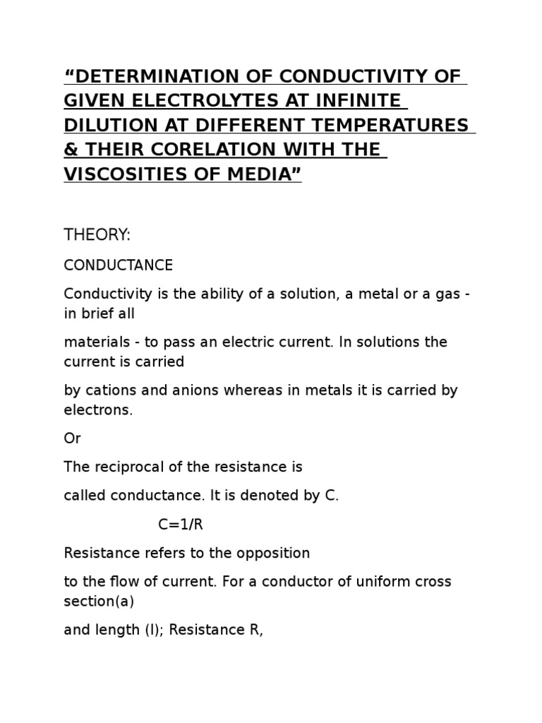 Conductivity of Electrolytes at Infinite Dilution | PDF | Electrolyte ...