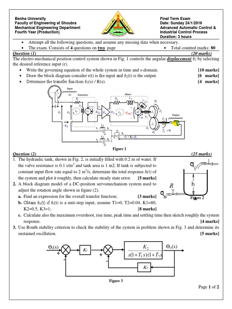 2016-1 Advanced Automatic Control Final Exam PDF | PDF | Control Theory ...