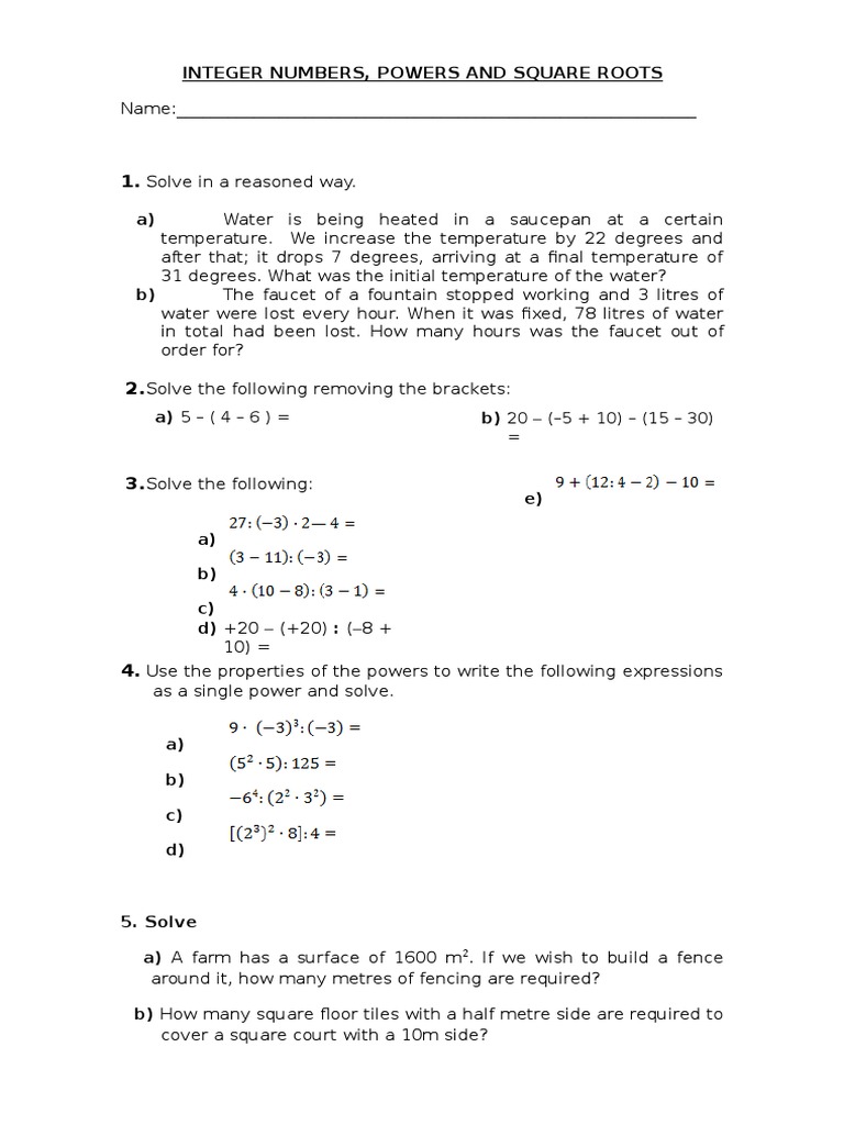 Integer Numbers, Powers and Square Roots | PDF | Teaching Methods & Materials